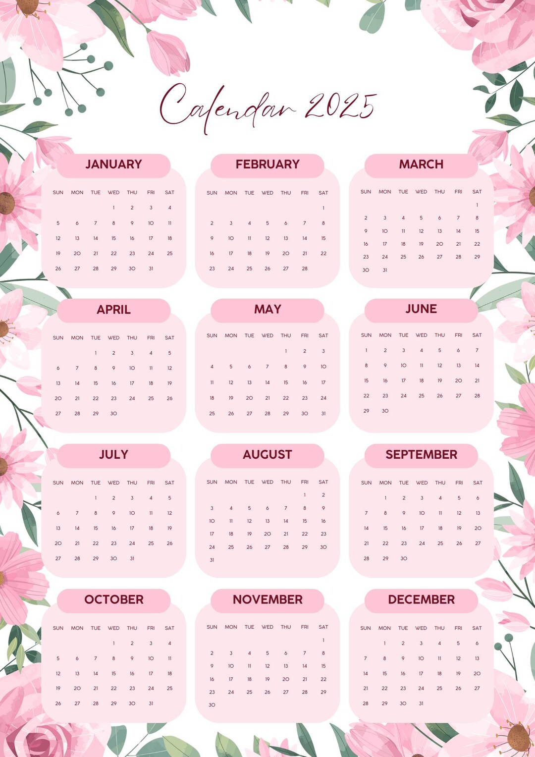 Pink Floral Calendar 2025 Document - Etsy