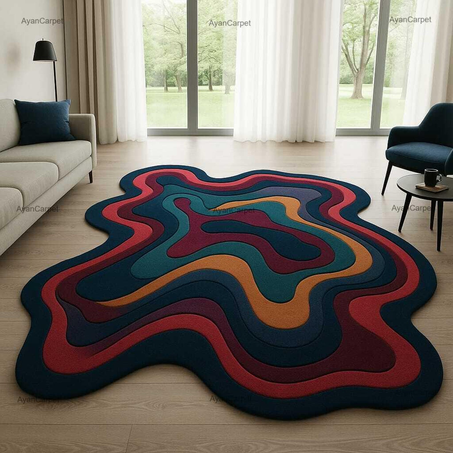 Amoeba Shaped Area Rug, Colorful Abstract Modern Carpet, Handmade Wavy ...