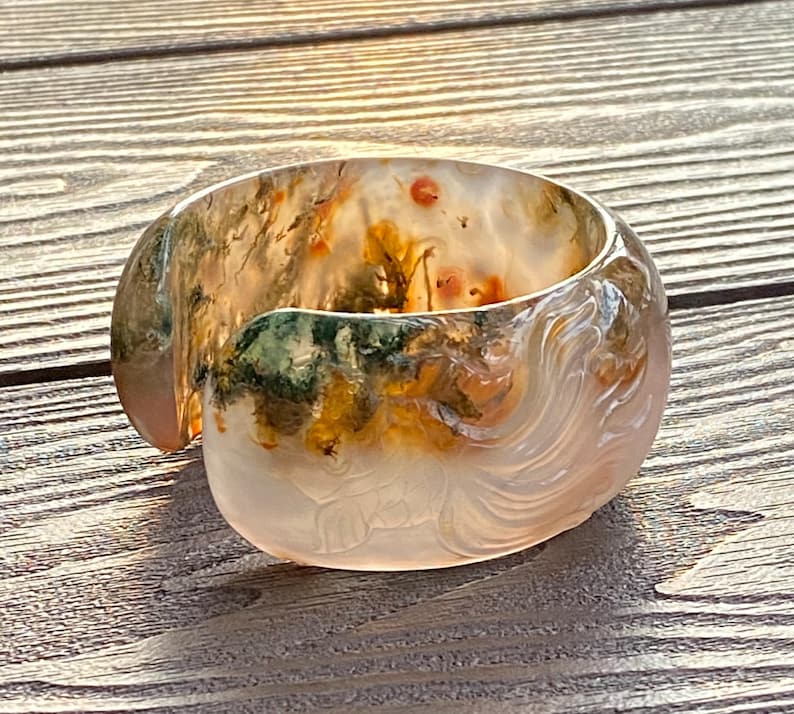 Natural Agate Carved Bangle (goldfish & Lotus Flower Motif), 57 Mm ...