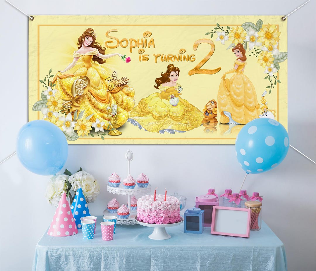 Beauty and the Beast Backdrop Banner, Belle, Beast, Mrs Potts, Gaston ...