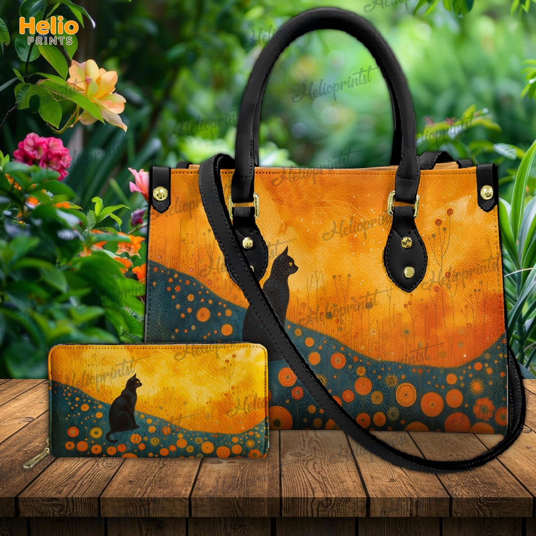 Black Cat Sunset Leather Tote, Black Cat Halloween Handbag, Artistic ...