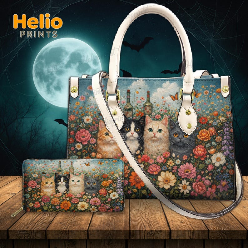 Autumn Cat Leather Handbag, Cute Cats Purse, Flower Cat Leather Handbag ...