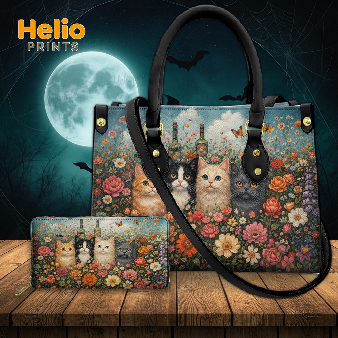 Autumn Cat Leather Handbag, Cute Cats Purse, Flower Cat Leather Handbag ...