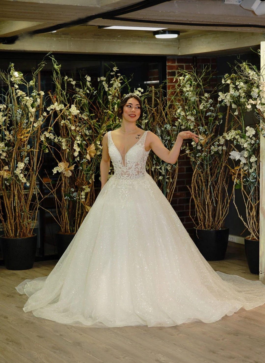 2026 New Model Enchanted Sparkly A-line Wedding Dress, Plunging V-neck ...