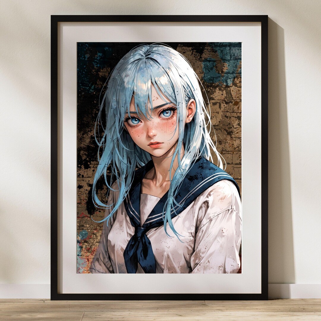 Kuudere Anime Girl Poster, School Uniform Wall Art, Blue-haired Yandere ...