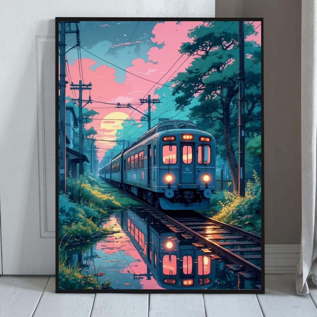 Train Poster – Japanese Railway With Sunset Reflections, Vaporwave Lo ...