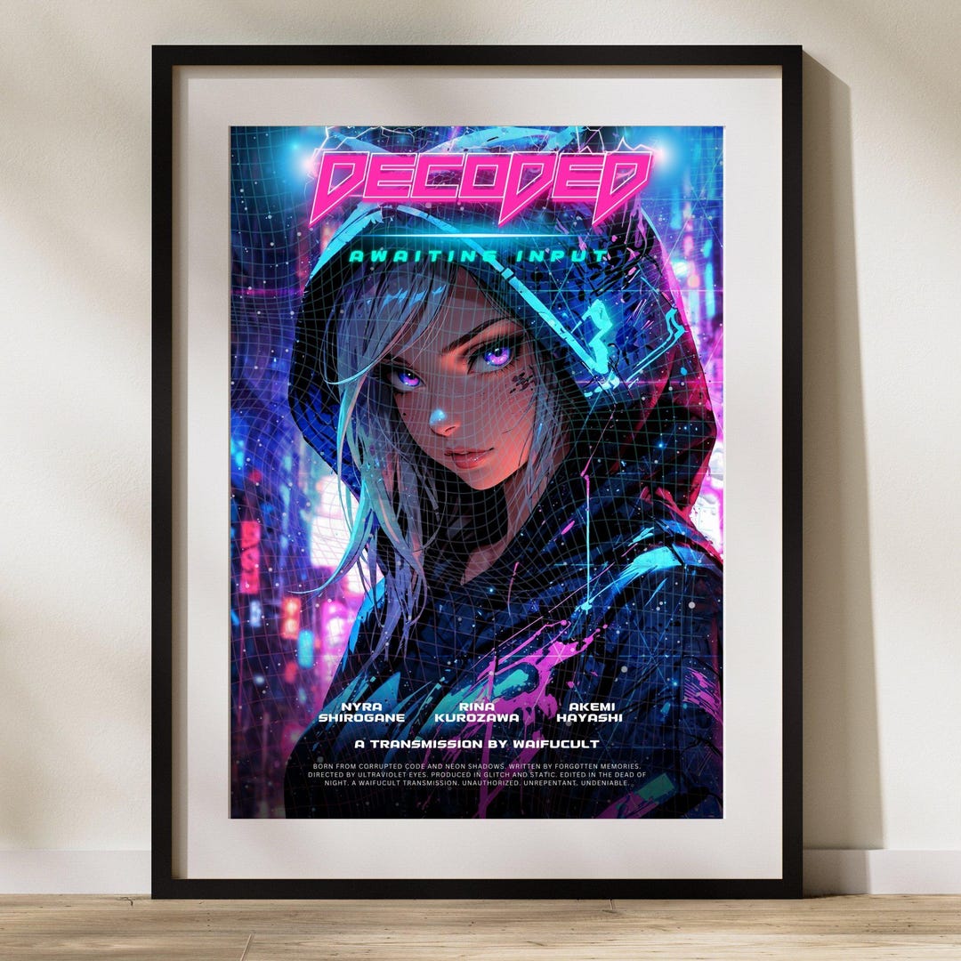 Cyberpunk Anime Movie Poster DECODED, Neon Glitch Gamer Room Poster ...
