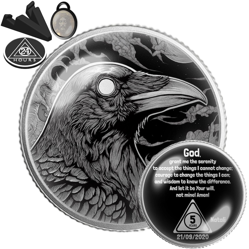 Raven Sobriety Coin, AA Medallion With Raven, One Day at a Time Token ...