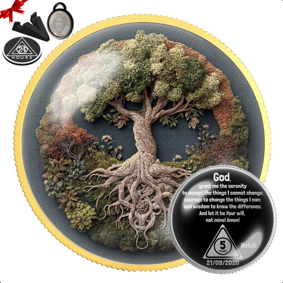 AA Sobriety Coin With Tree of Life | Serenity Prayer Token ...