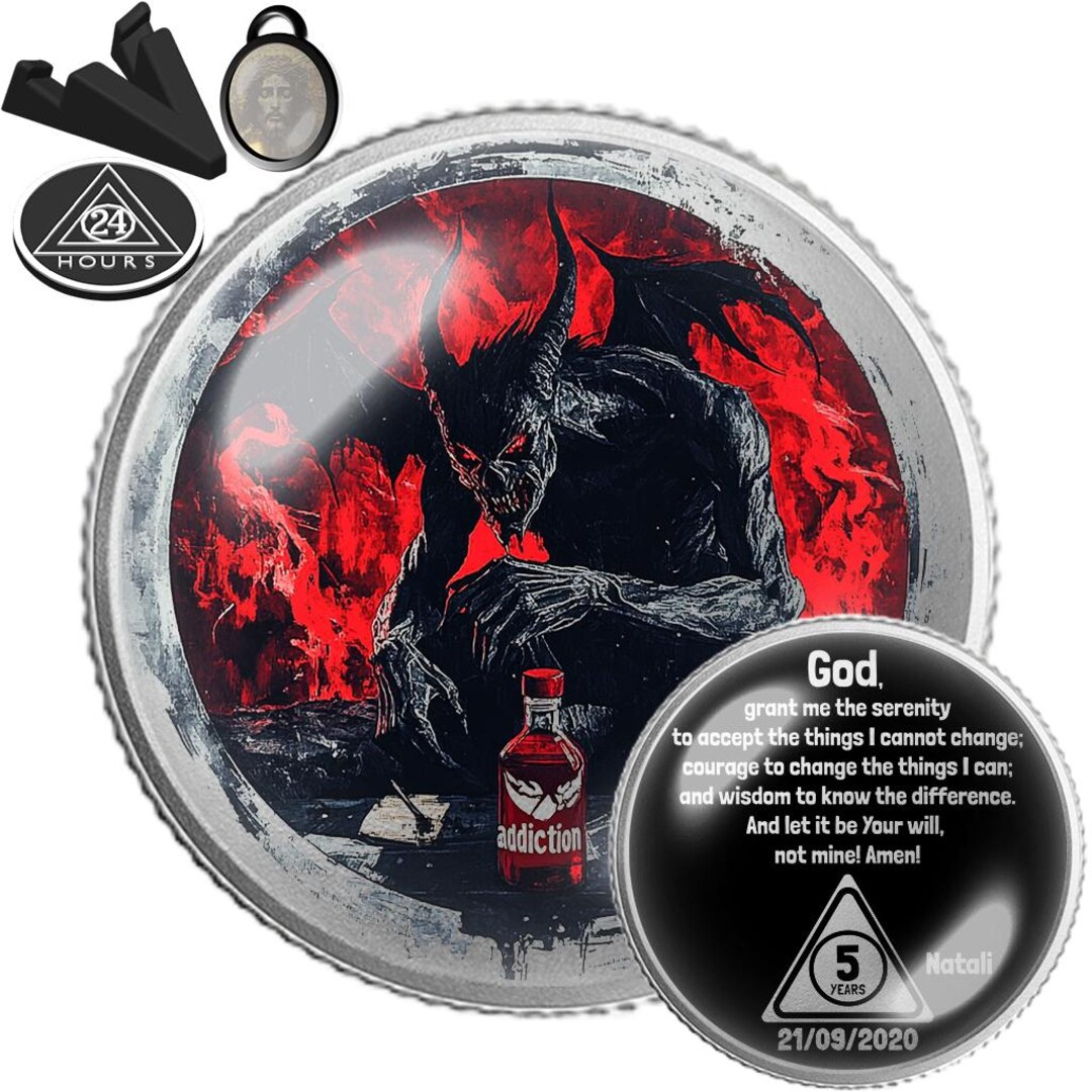 Demon Sobriety Coin | Serenity Prayer | One Day at a Time | AA Recovery ...