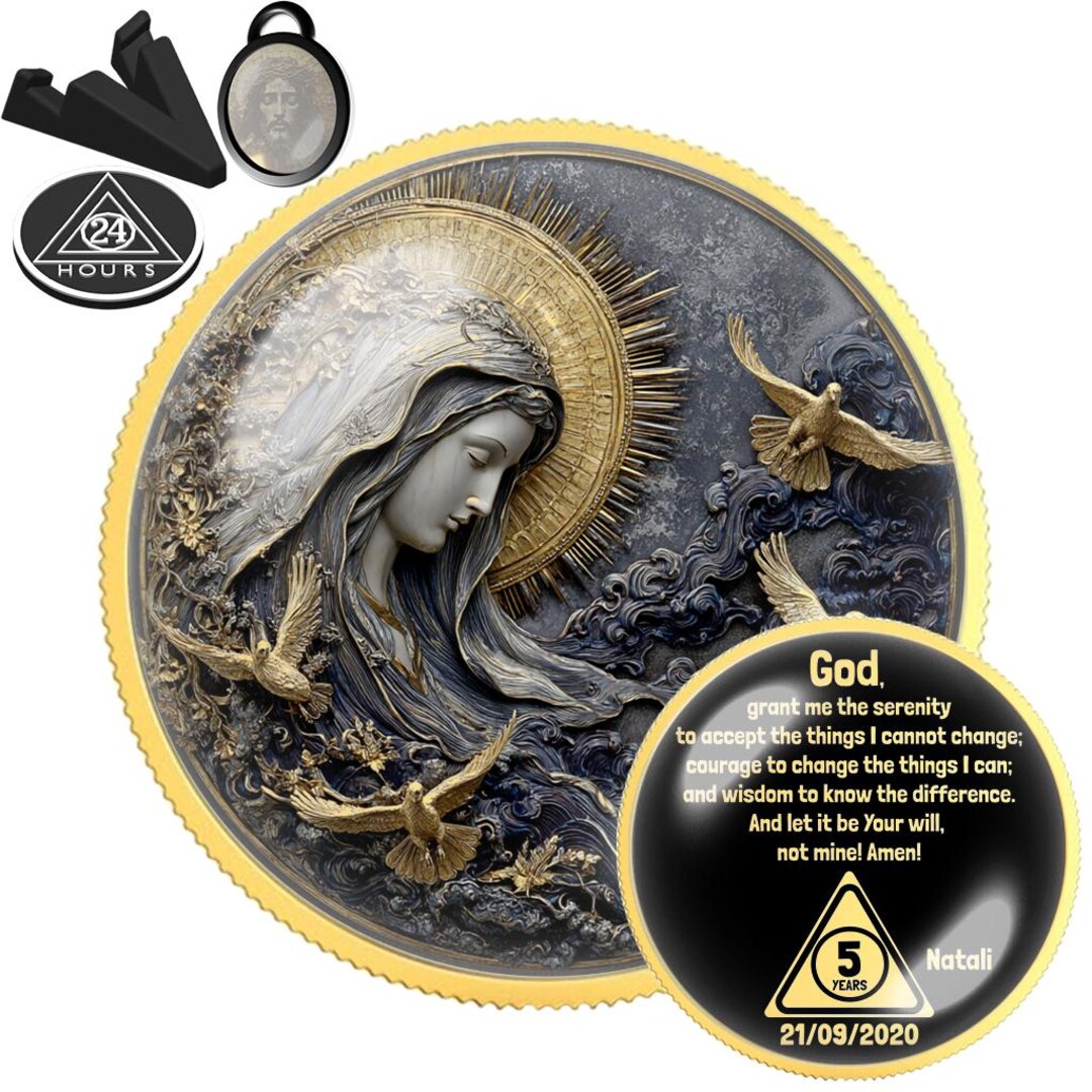 Sobriety Coin With Virgin Mary: Dove and Sun Rays Design - Etsy