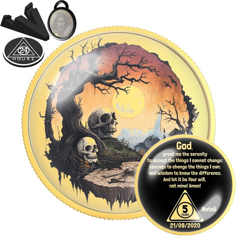 Skull Recovery Coin | Sobriety Chip | One Day at a Time | Serenity ...