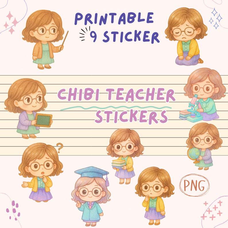 Chibi Teacher Clipart Stickers, Back to School PNG, Digital Download ...