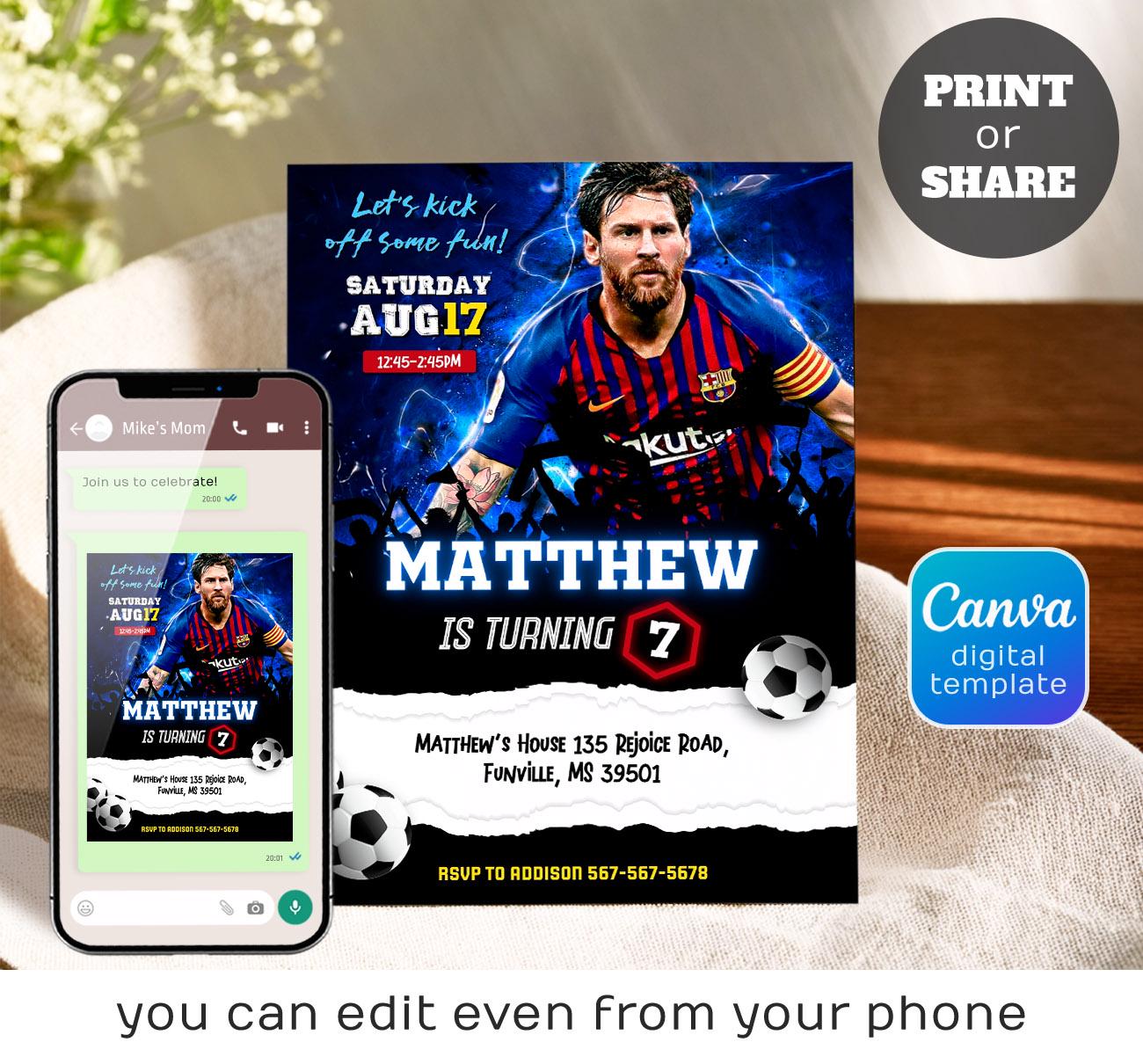 Messi Invitation, Soccer Invite, Champions League Birthday Invitation ...