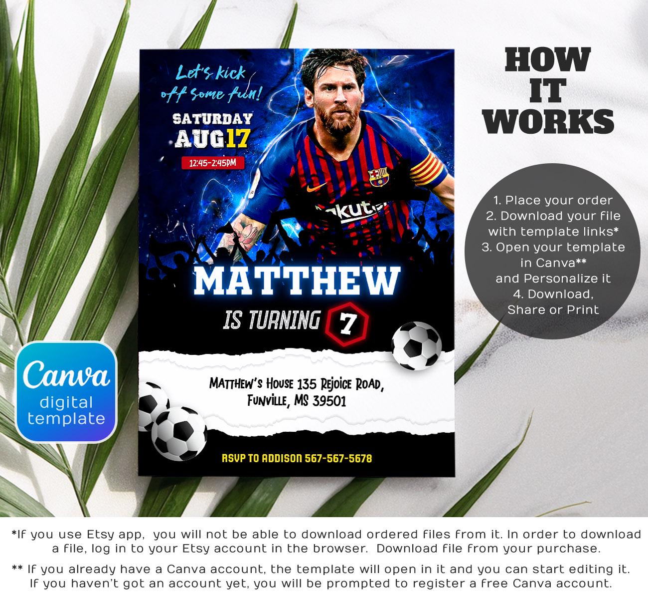 Messi Invitation, Soccer Invite, Champions League Birthday Invitation ...
