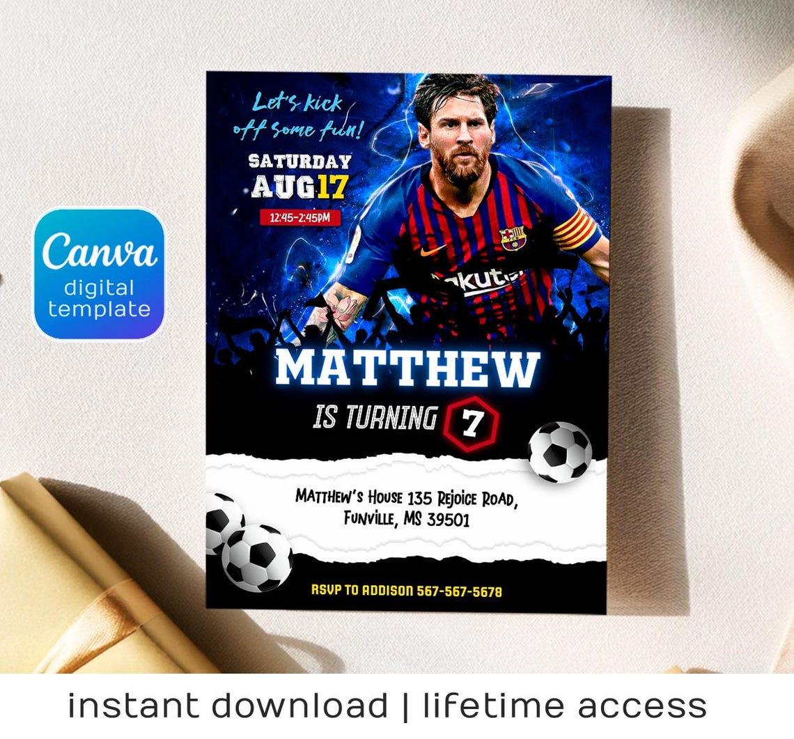 Messi Invitation, Soccer Invite, Champions League Birthday Invitation ...