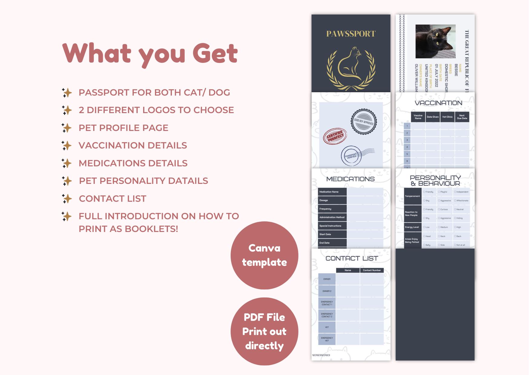 Printable Pet Passport for Cat and Dog Vaccination and Health Record ...