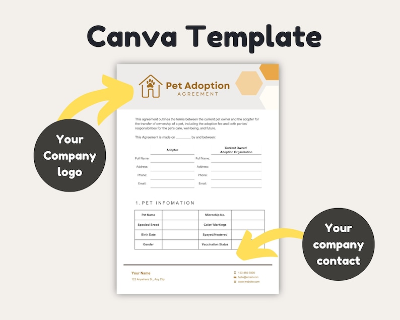 Editable Pet Adoption Agreement Form: Dog & Cat Contract (PDF, Canva ...