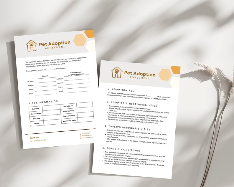 Editable Pet Adoption Agreement Form: Dog & Cat Contract (PDF, Canva ...