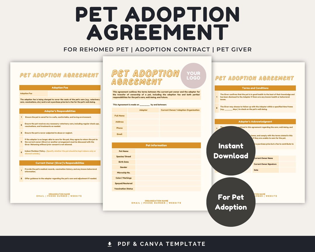Pet Adoption Agreement Form | Editable Pet Adoption Contract | Pet Adoption Form Template | Dog ...