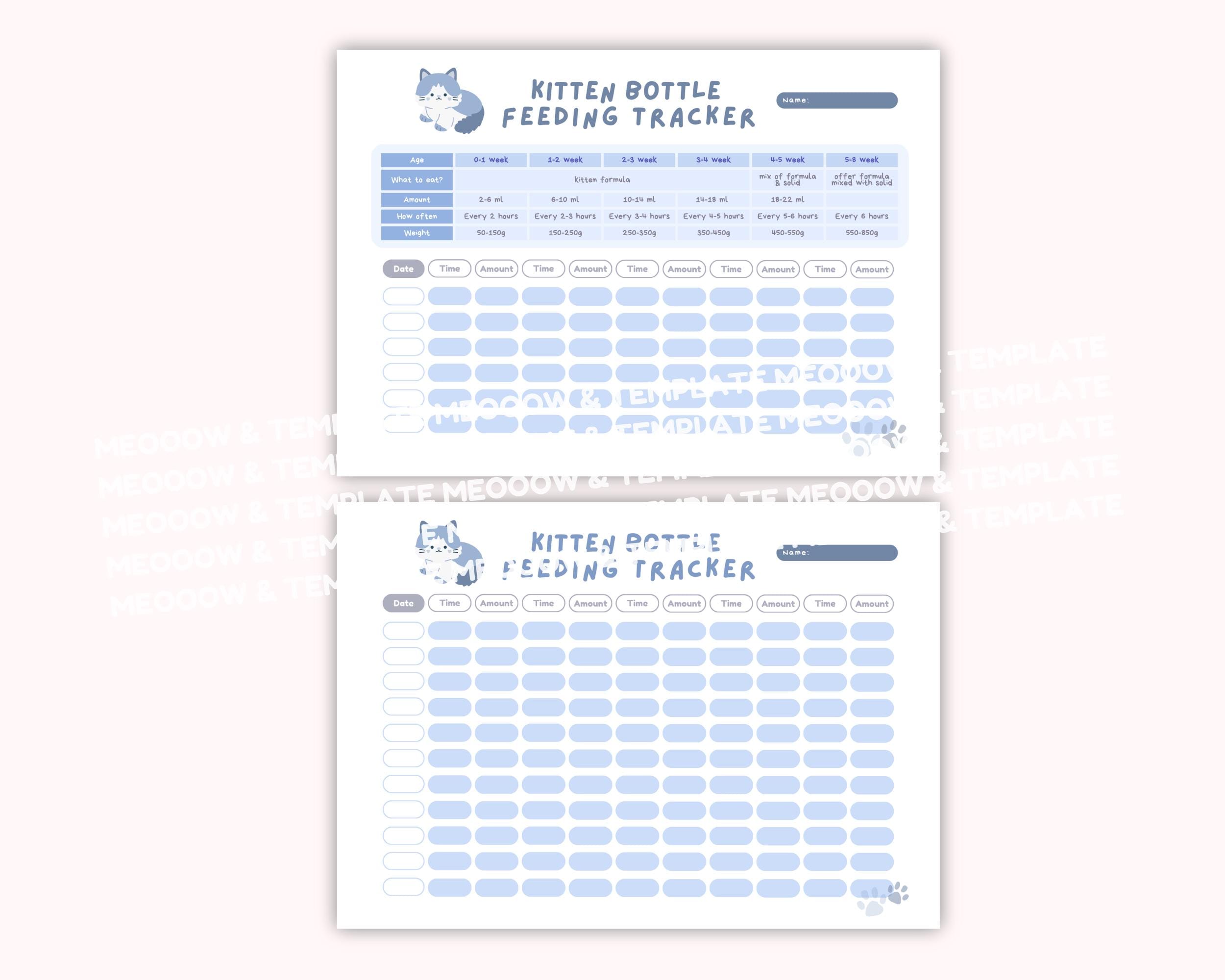 Kitten Bottle Feeding Tracker Kitten Weight Growth Tracker Newborn Cat ...