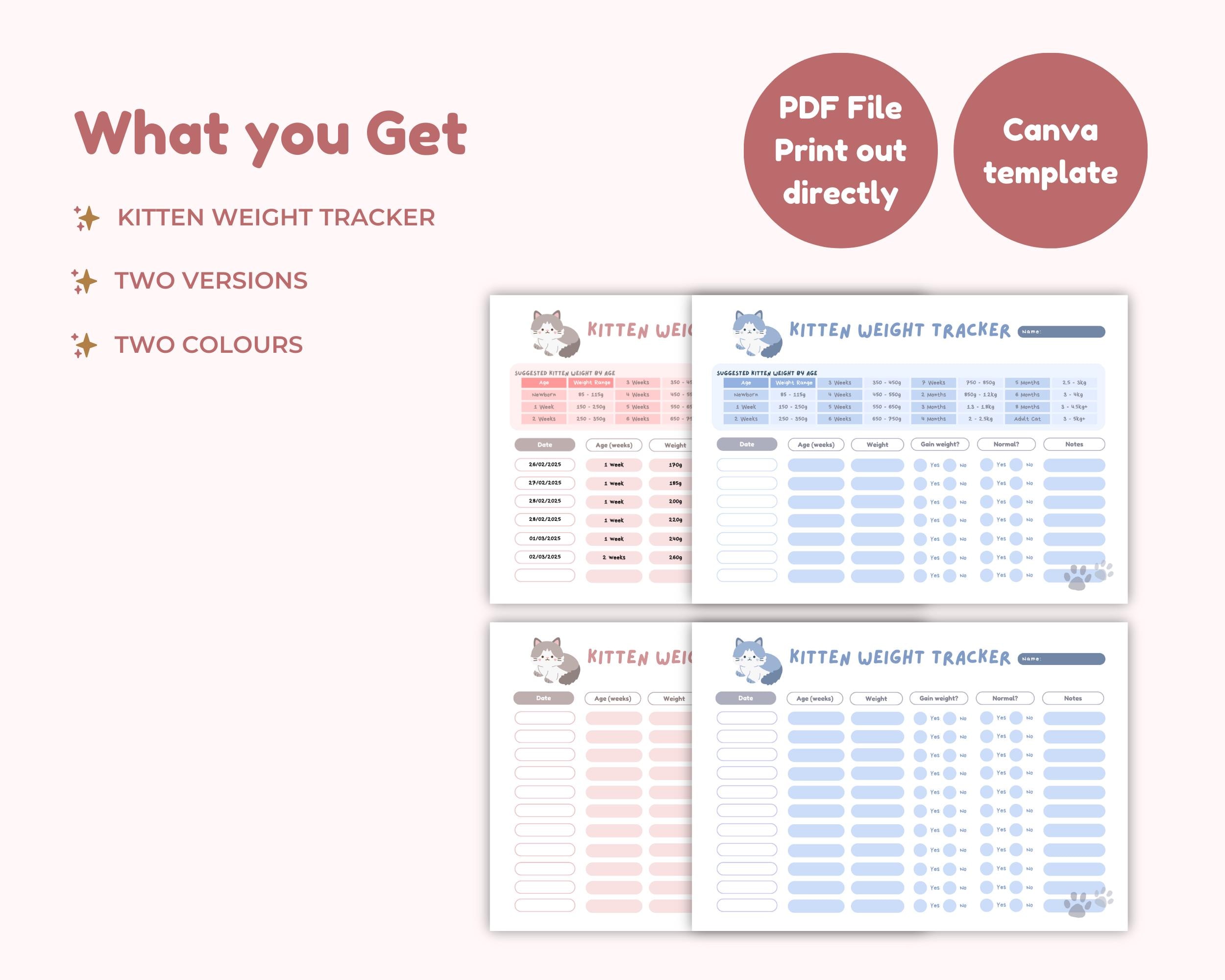 Kitten Weight Tracker | Cat Weight Chart, Kitten Health Growth Log ...