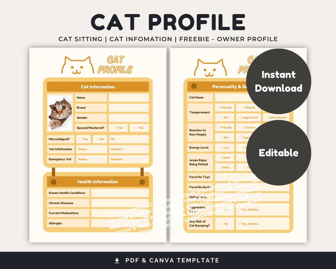 Cat Profile Template Printable Pet Sitter Information Sheet Cat Care ...