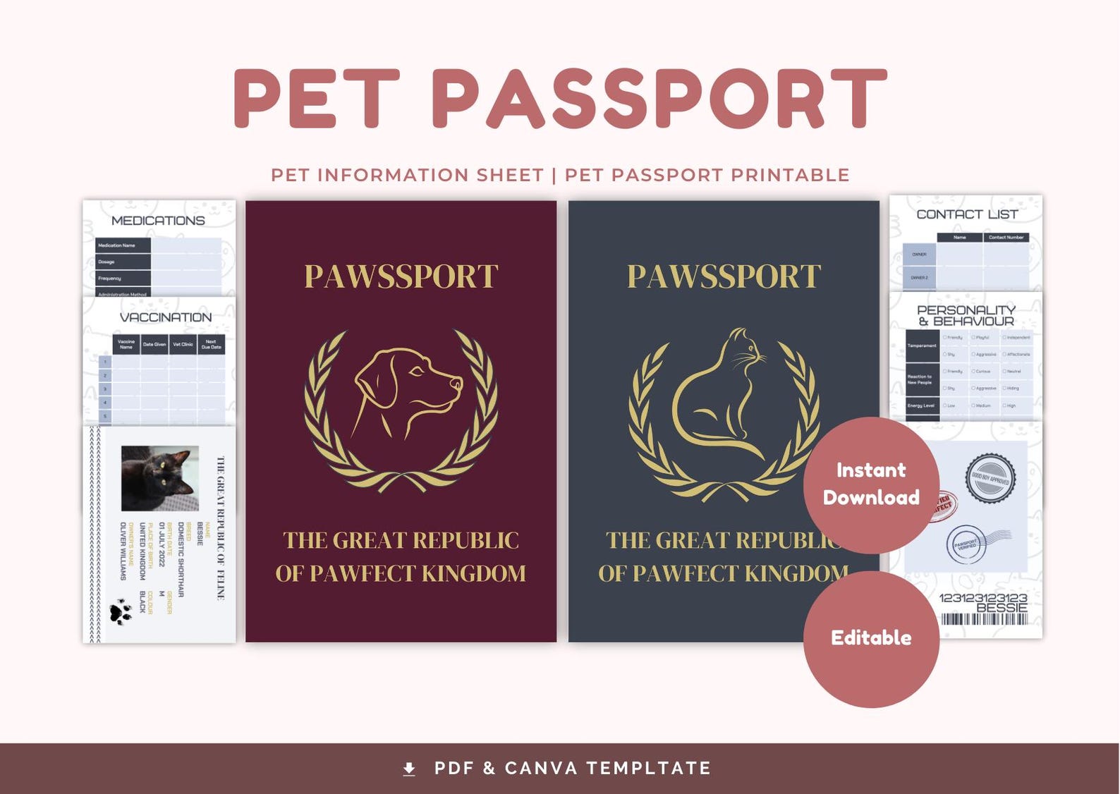 Printable Pet Passport for Cat and Dog Vaccination and Health Record ...