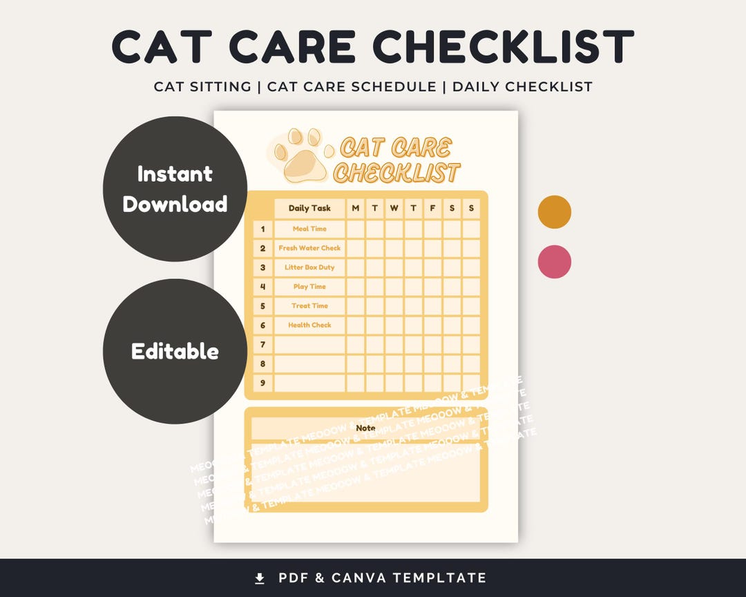 Cat Care Checklist | Cat Daily Schedule | Cat Care Planner | Pet Care ...