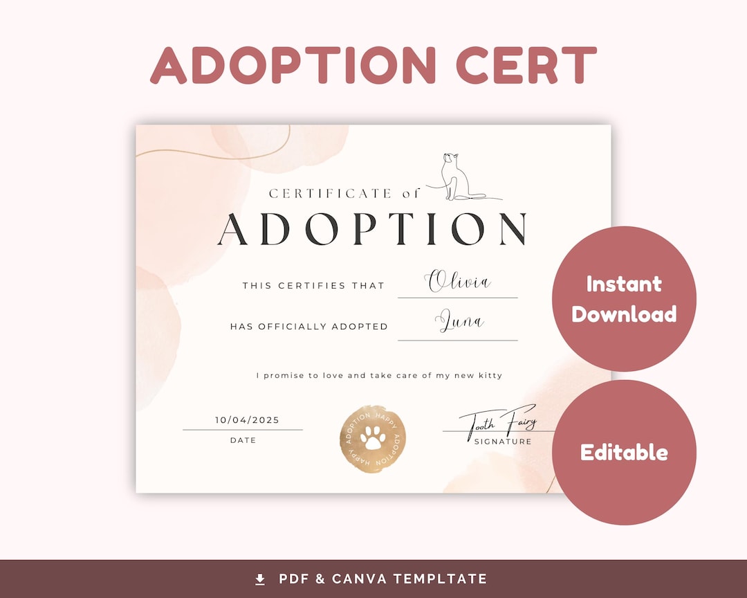 Cat Adoption Certificate Template: Fillable, Editable (PDF & Canva) - Etsy