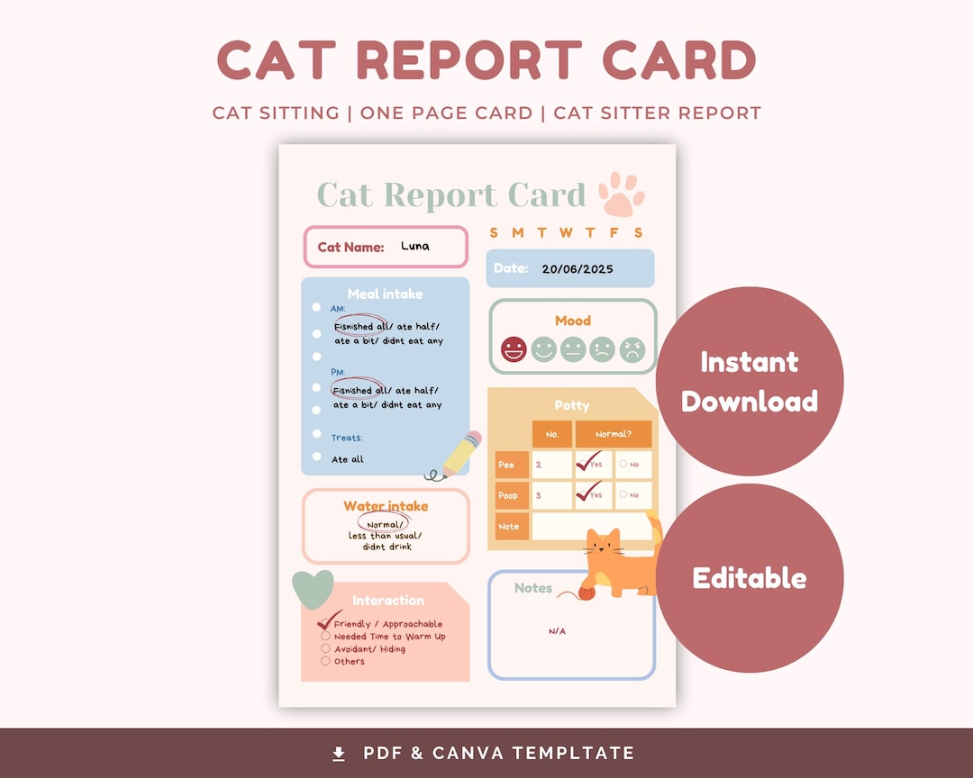 Cat Sitter Report Card Template: Pet Care Feedback (PDF & Canva) - Etsy