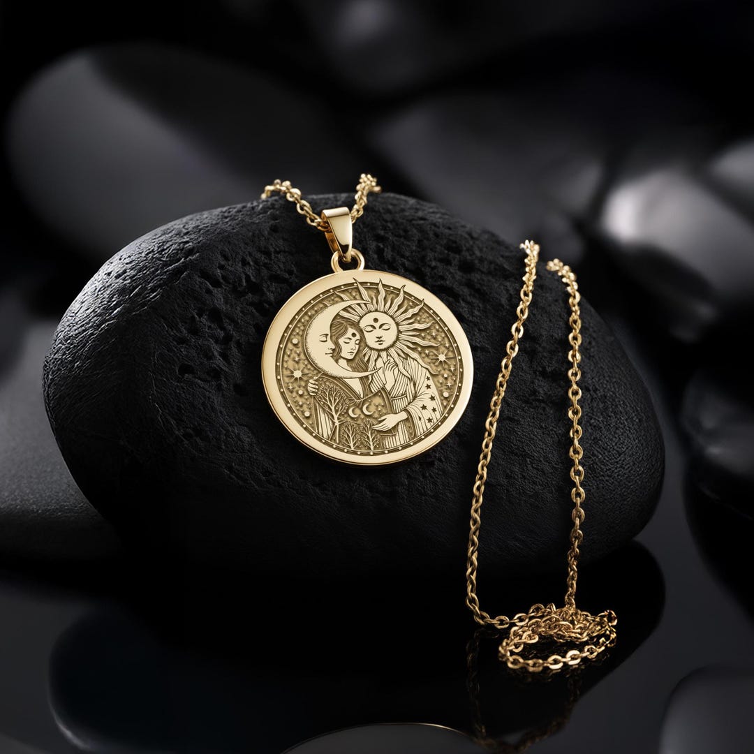 14K Gold Sun and Moon Lovers Pendant: Couple Necklace ,rrelationship ...