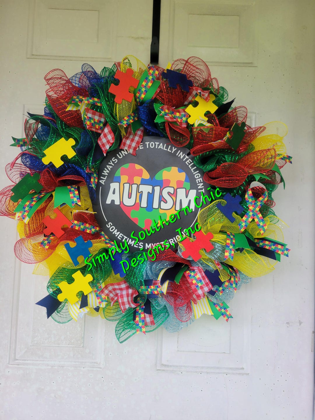 Autism Awareness Wreath – Puzzle Piece Front Door Decor – Support ...