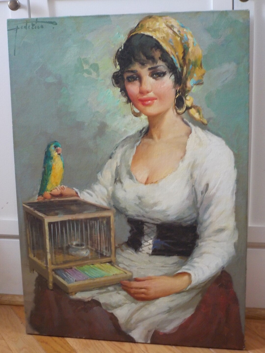 Vintage Midcentury , ITALIAN GYPSY WOMAN & Parrot Bird Cage , Large Oil ...