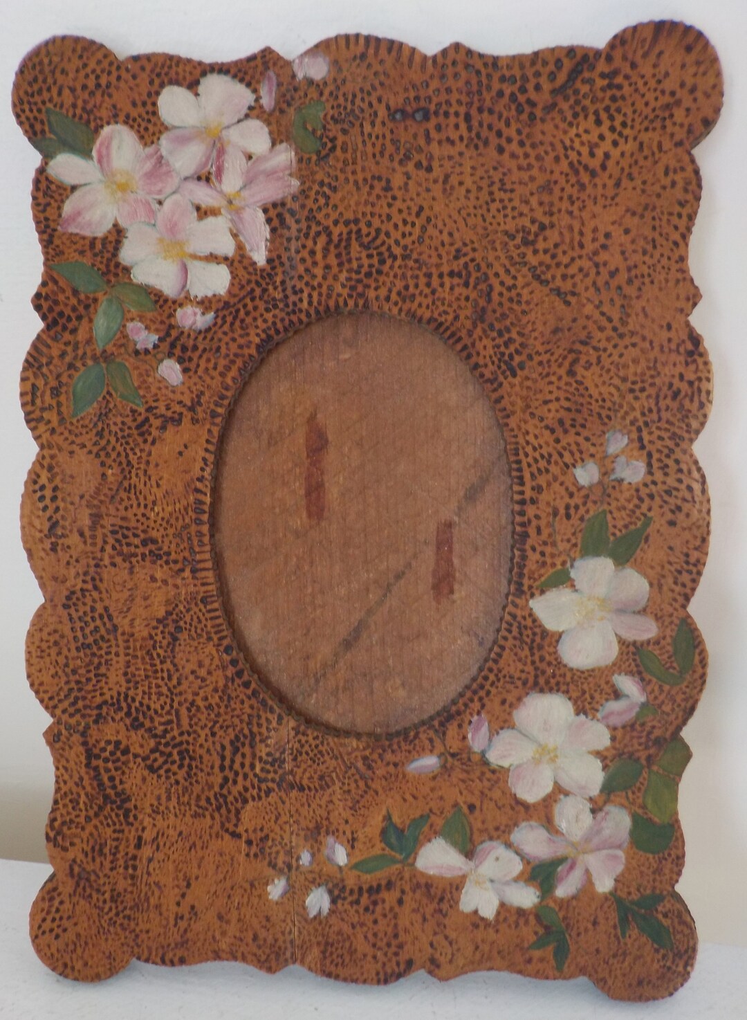 Vintage FOLK Art, Flemish Art Pyrography ,hand-painted Pink FLOWERS on ...