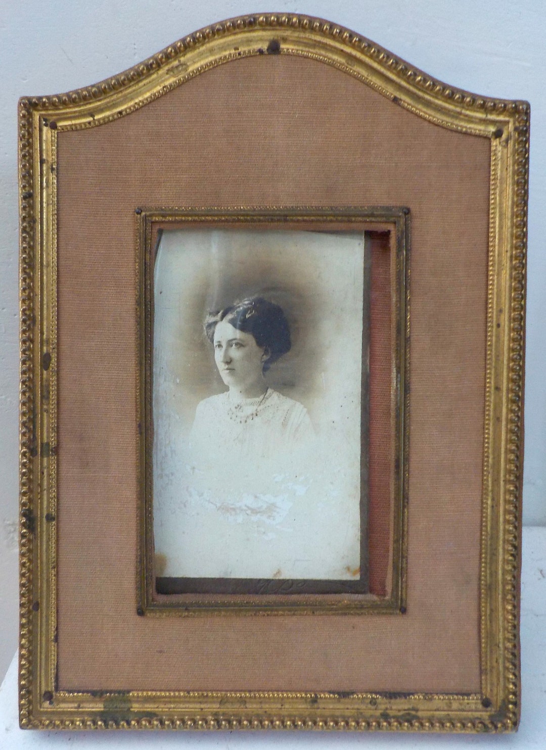 Antique EDWARDIAN Victorian, Small Standing BRASS & Worn Fabric FRAME ...