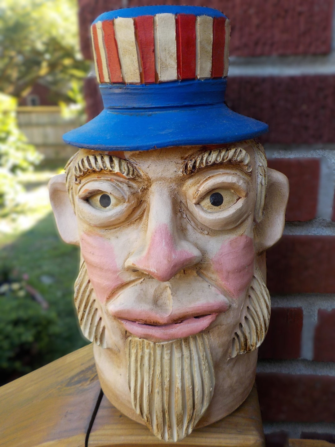 Vintage FOLK Art , UNCLE SAM Ugly Face Pottery ,' God Bless America ...