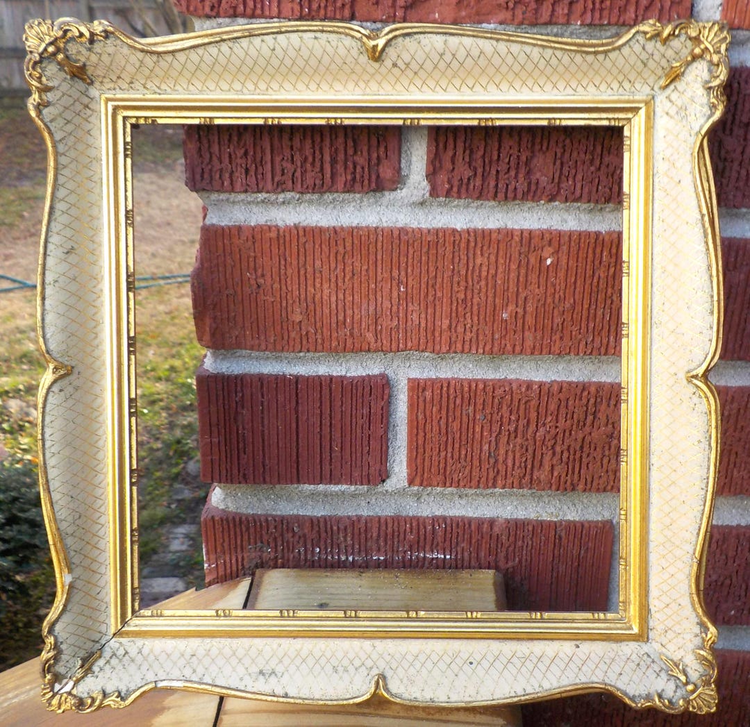 Vintage ITALIAN Florentine , Gilt GOLD & BEIGE , Carved Wood, Small Square Picture Frame , 8 X 8 ...