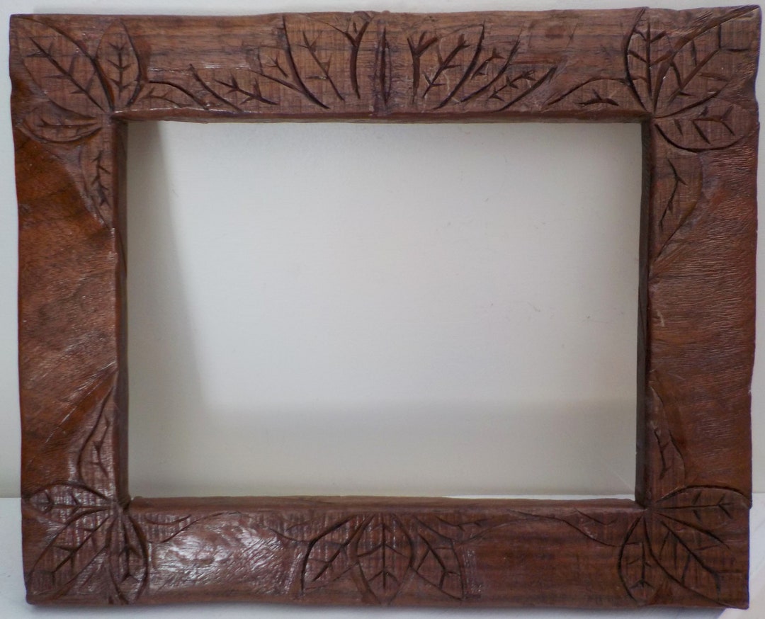 Vintage Rustic HAND-CARVED Leaves FOLK Art Wood Picture Frame Fits 9 X ...