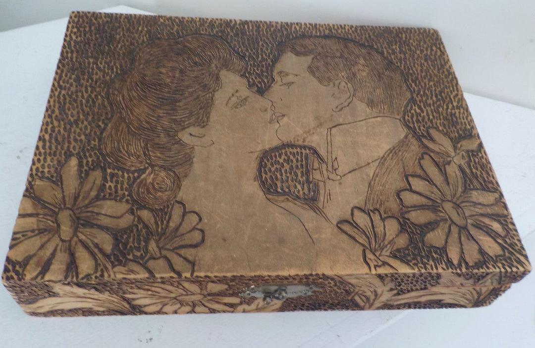 Antique Flemish Art Pyrography LOVERS KISSING Romantic Folk Art WOOD ...