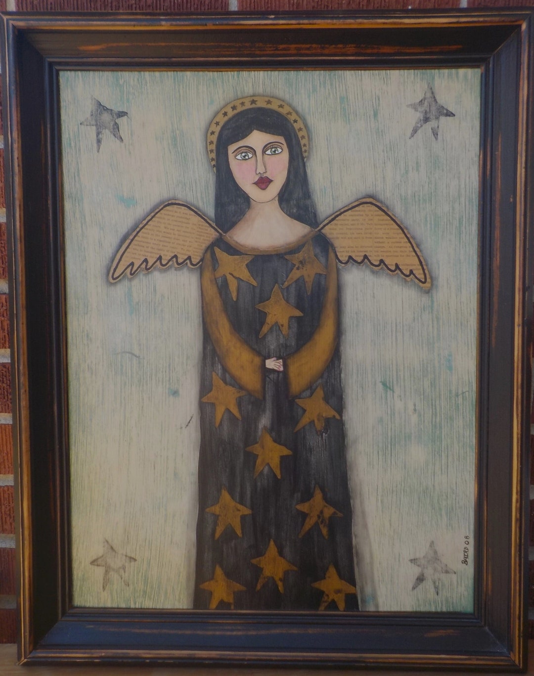 Primitive FOLK ART ANGEL in Black Dress Gold Stars Painting on Wood ...