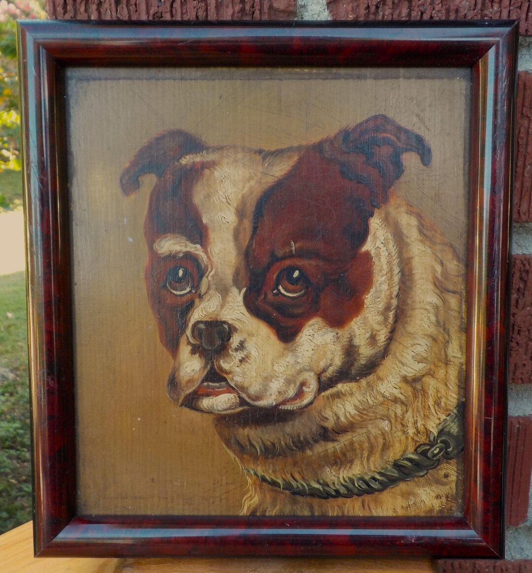 Antique English BULL DOG Mutt , Miniature Folk Oil Portrait PAINTING ...