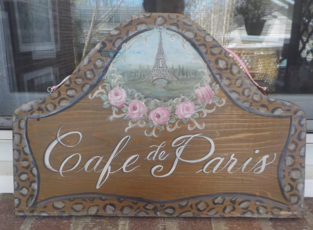 Vintage CAFE De PARIS France, Hand-painted WOOD Sign Eiffel Tower Roses ...