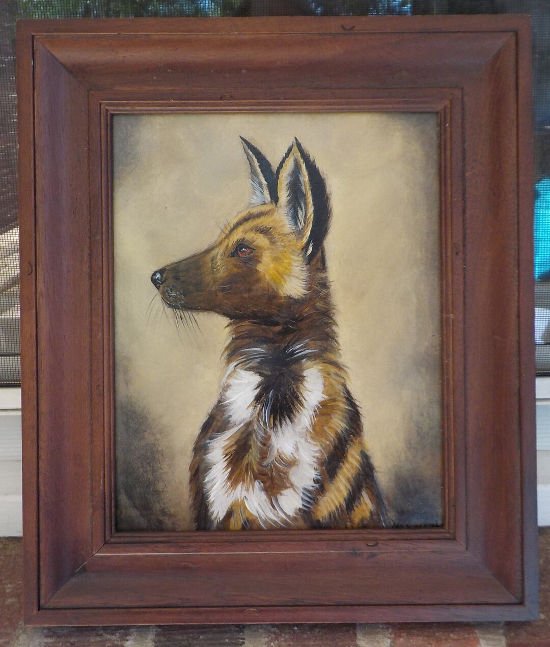 Original AFRICAN WILD DOG Realism Animal Oil Portrait Painting Framed ...