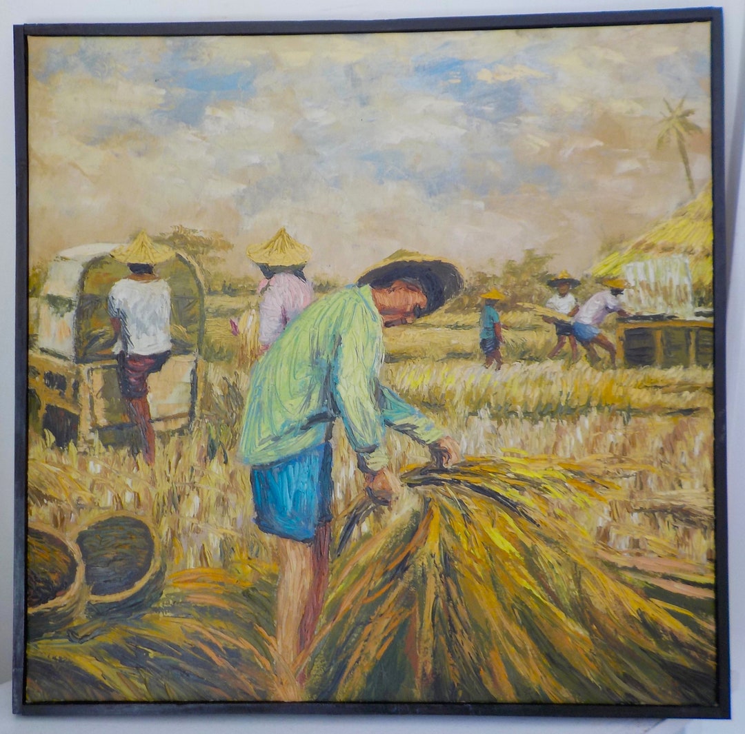 Vintage Midcentury , ASIAN RICE Paddy Fields , Chinese HARVESTERS , Oil ...