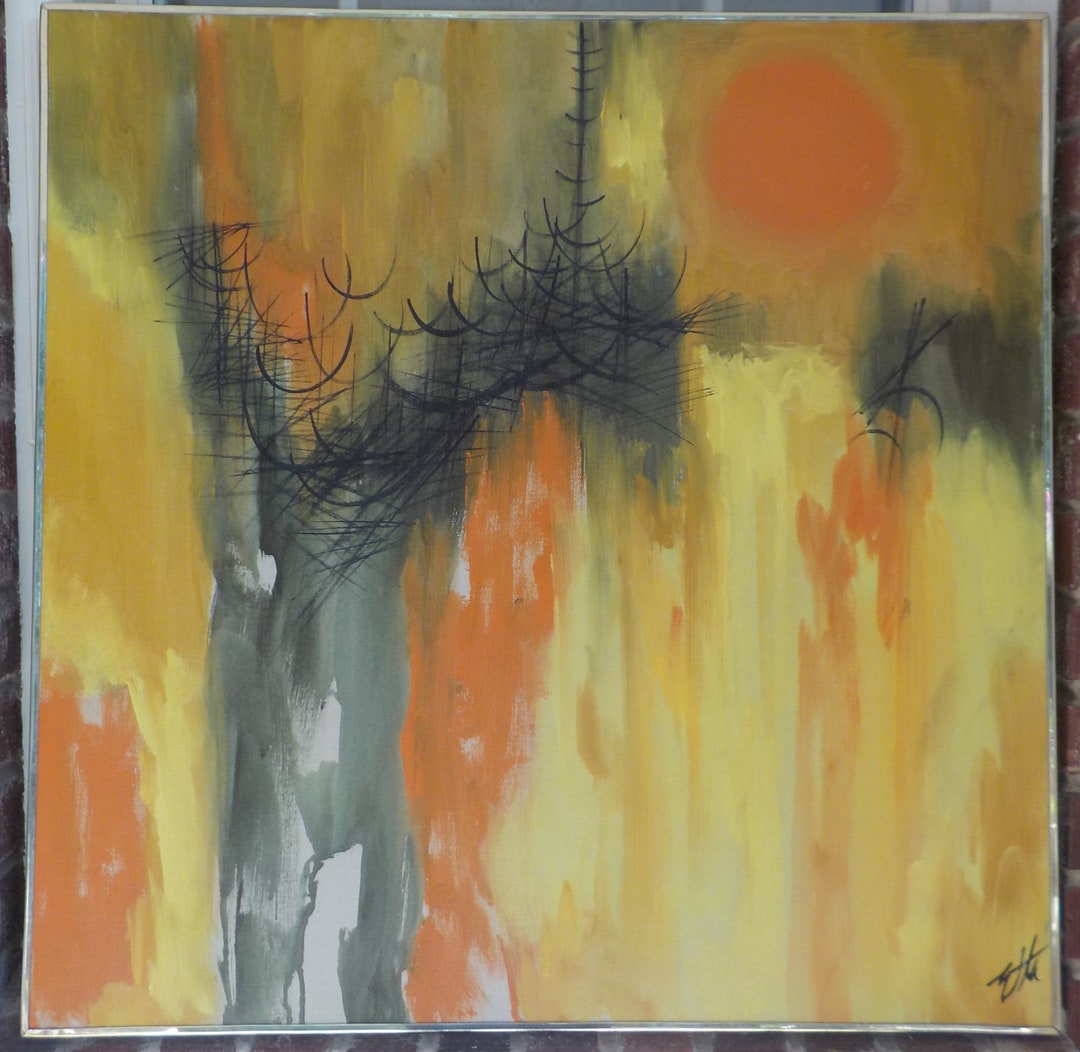 Vintage ABSTRACT Expressionism, Bright YELLOW Orange Sun , Black Bridge ...