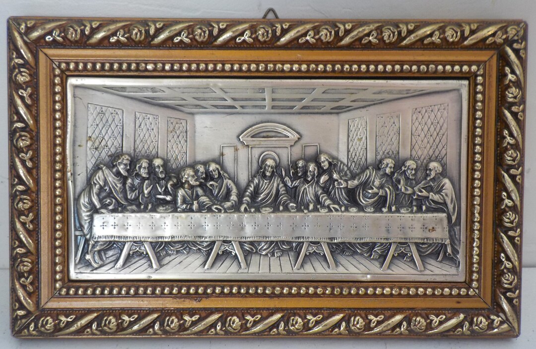 The LAST SUPPER , Repousse METAL, Vintage Petite , Framed Picture ,5 1/ ...