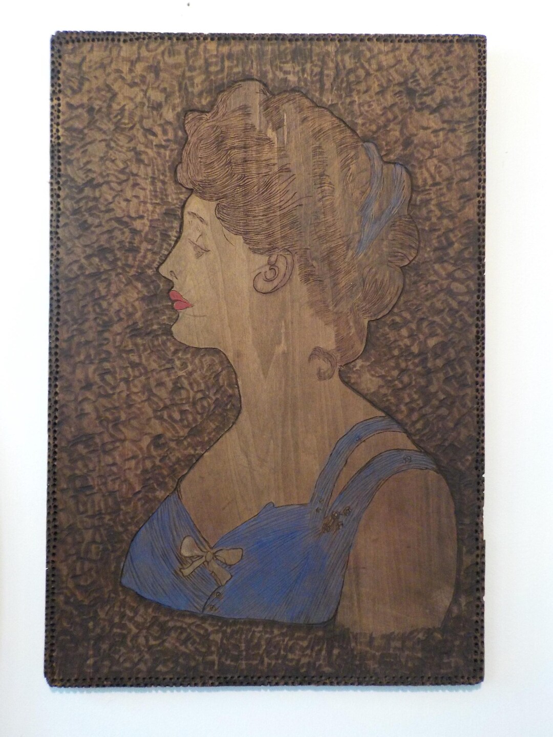 Antique PYROGRAPHY, Gibson Girl WOMAN , Blue Dress, Burnt WOOD Flemish ...