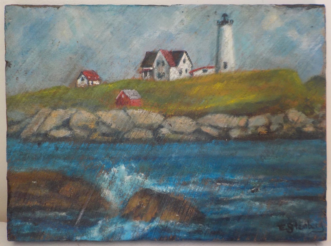 Vintage Folk Art , COASTAL Maine SEASCAPE, Lighthouse Homes, Painted on ...
