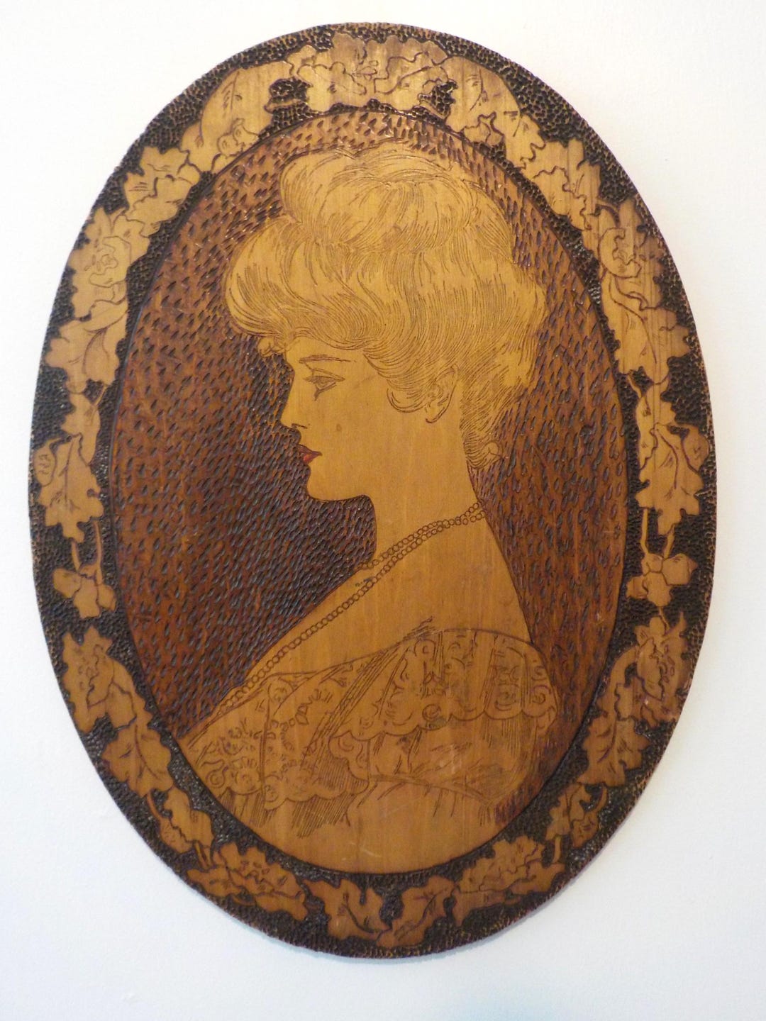 Antique PYROGRAPHY, Gibson Girl , Victorian WOMAN , Red Flowers, Burnt ...